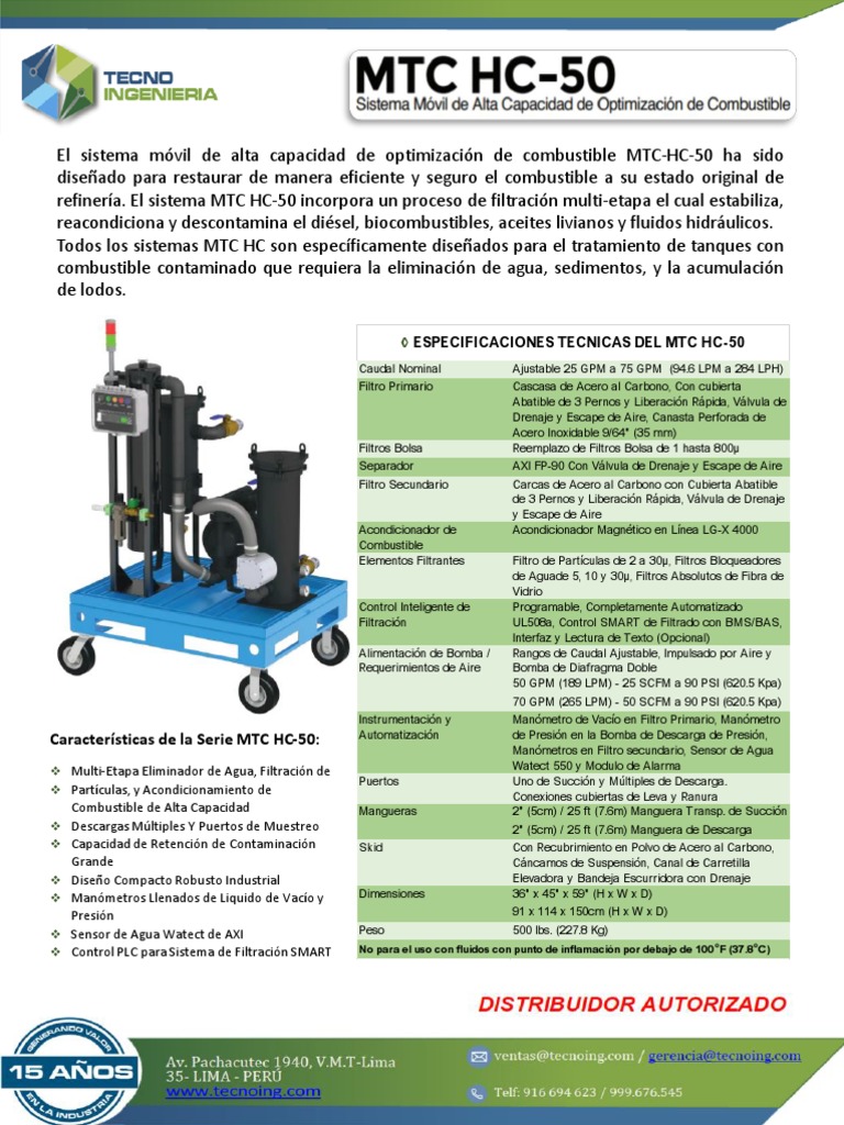 Ficha MTC HC-50 - Especificaciones Tecnicas | PDF | Filtración | Ciencias fisicas