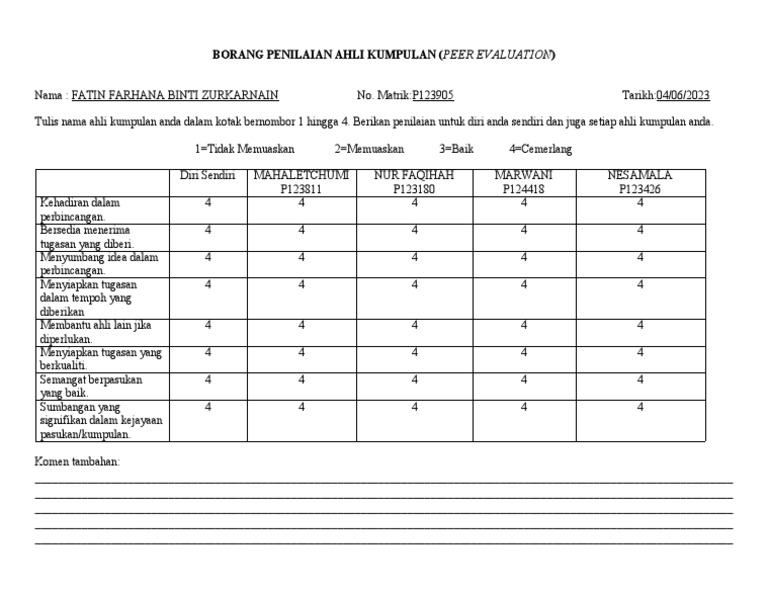Borang Peer Evaluation | PDF