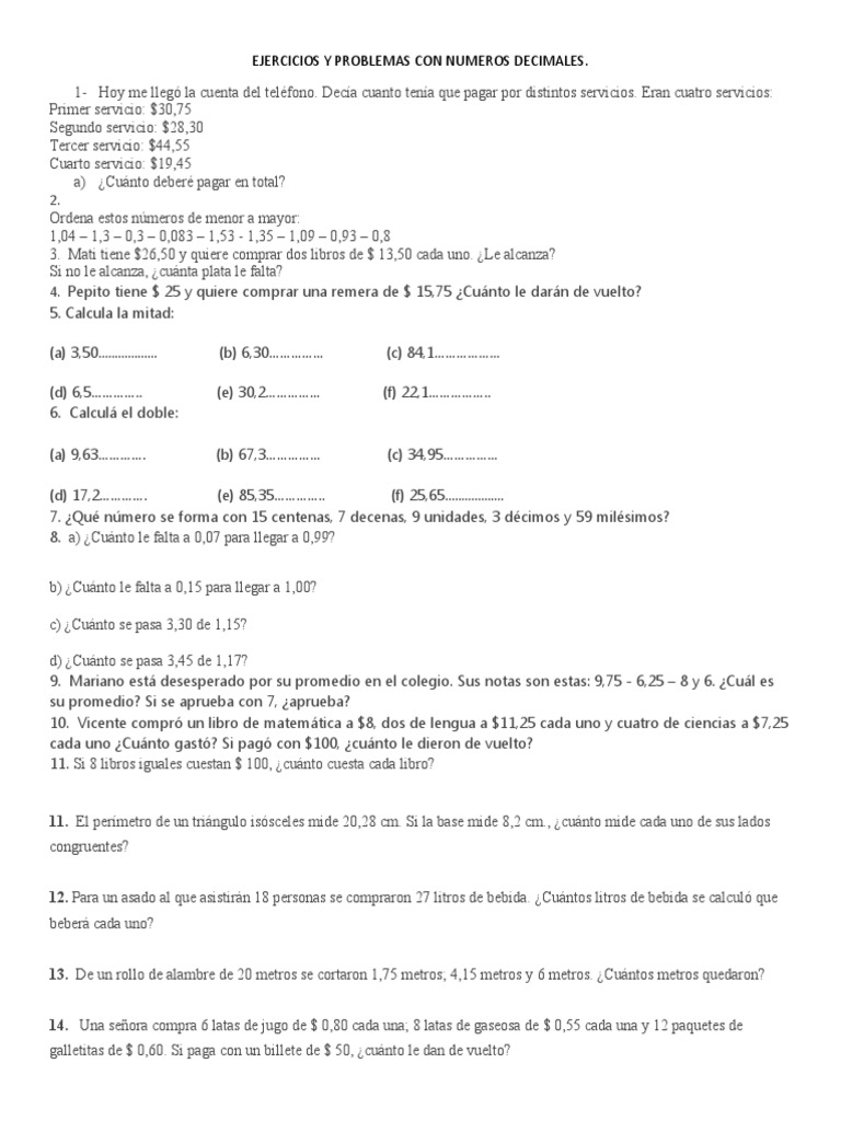 Ejercicios y Problemas Con Numeros Decimales | PDF