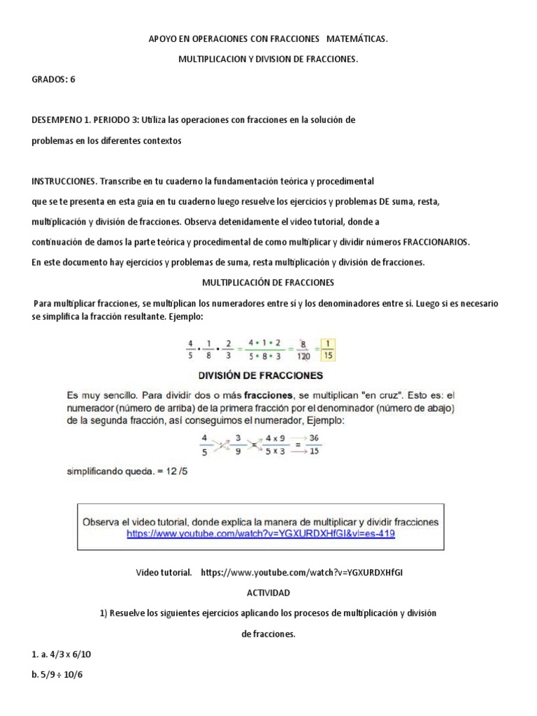 APOYO SOBRE OPERACIONES BASICAS DE FRACCIONES. (2) | PDF ...