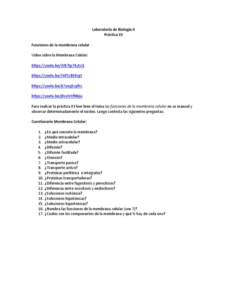 Cuestionario Membrana Celular Biologia II | PDF | Membrana celular | Bicapa lipídica
