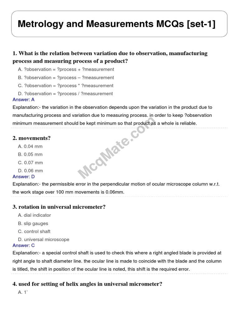 Metrology and Measurements Solved MCQs (Set-1) | PDF