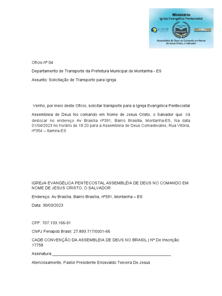 Modelo Ofcio para Solicitao de Transporte | PDF