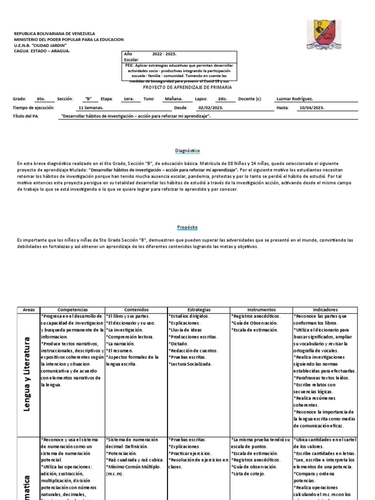 Proyecto de Aprendizaje de 6 To Grado Seccion (B) - 2do Lapso Año Escolar (2022 - 2023) | PDF ...