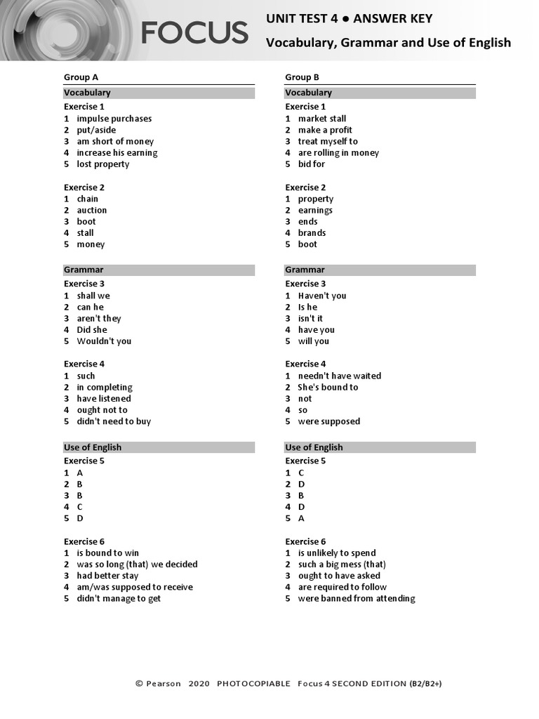 Focus 4 Unit Test 4 Answer Key | PDF | Marketing | Financial Markets