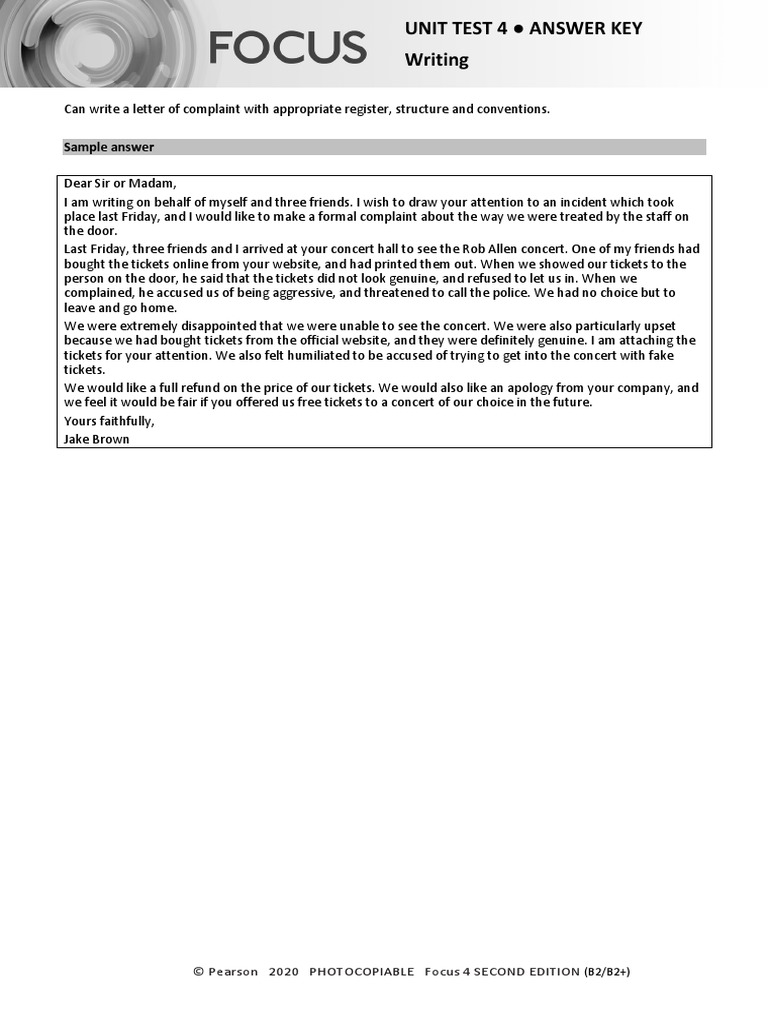 Focus4 2E Unit Test Writing Unit4 ANSWERS | PDF | Cognition | Communication