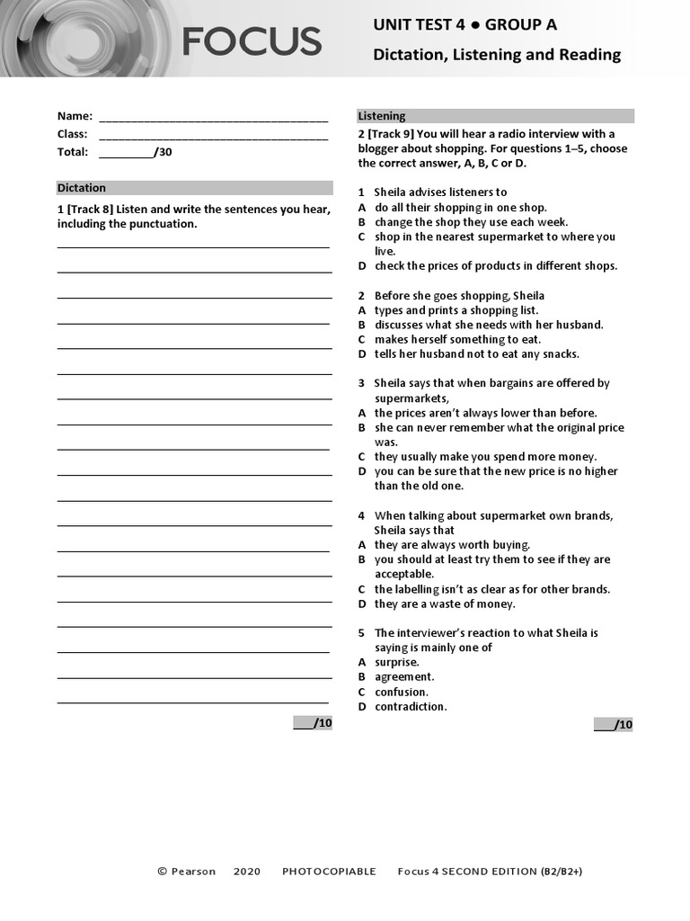 Focus4 2E Unit Test Dictation Listening Reading Unit4 GroupA | PDF | Candy