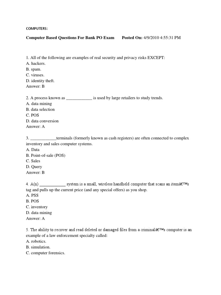 Computer Based Questions For Bank PO Exam Posted On: 4/9/2010 4:55:31 PM | PDF | Operating ...