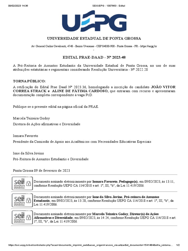 Cota PCD Publicar SEI - UEPG 1307663 Edital | PDF