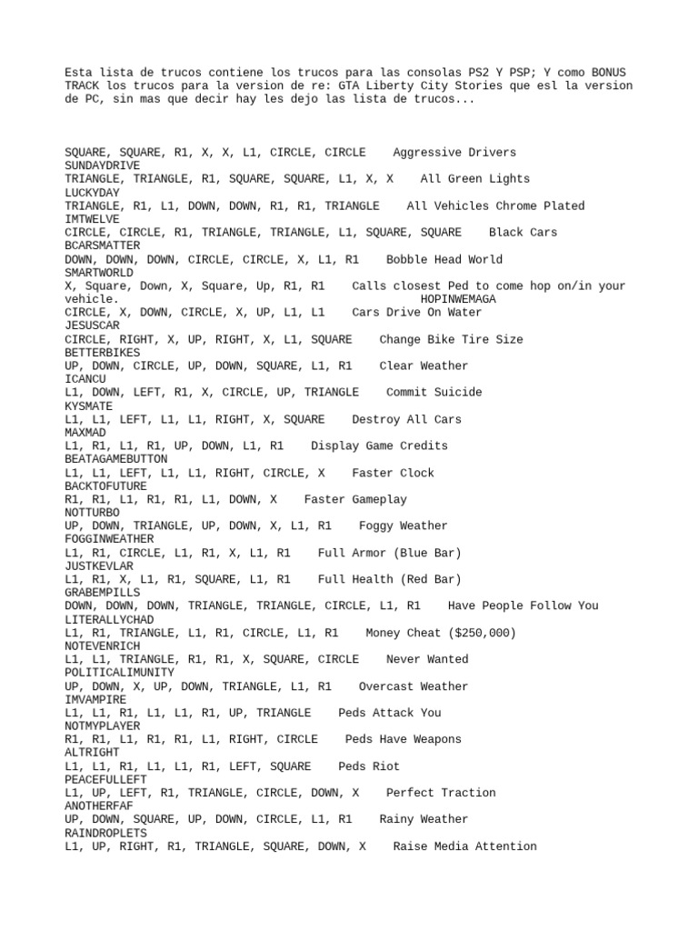 Gta Lcs PC Edition Trucos | PDF | Motor Vehicle | Transport
