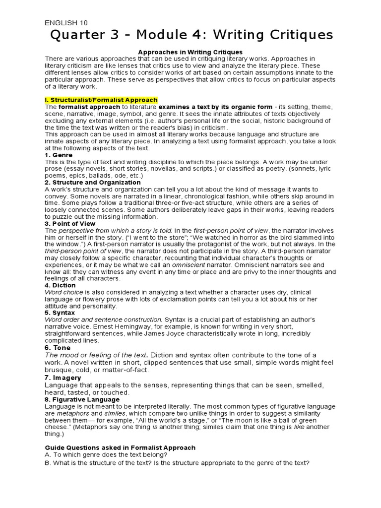 Approaches in Writing Critiques | PDF | Narration