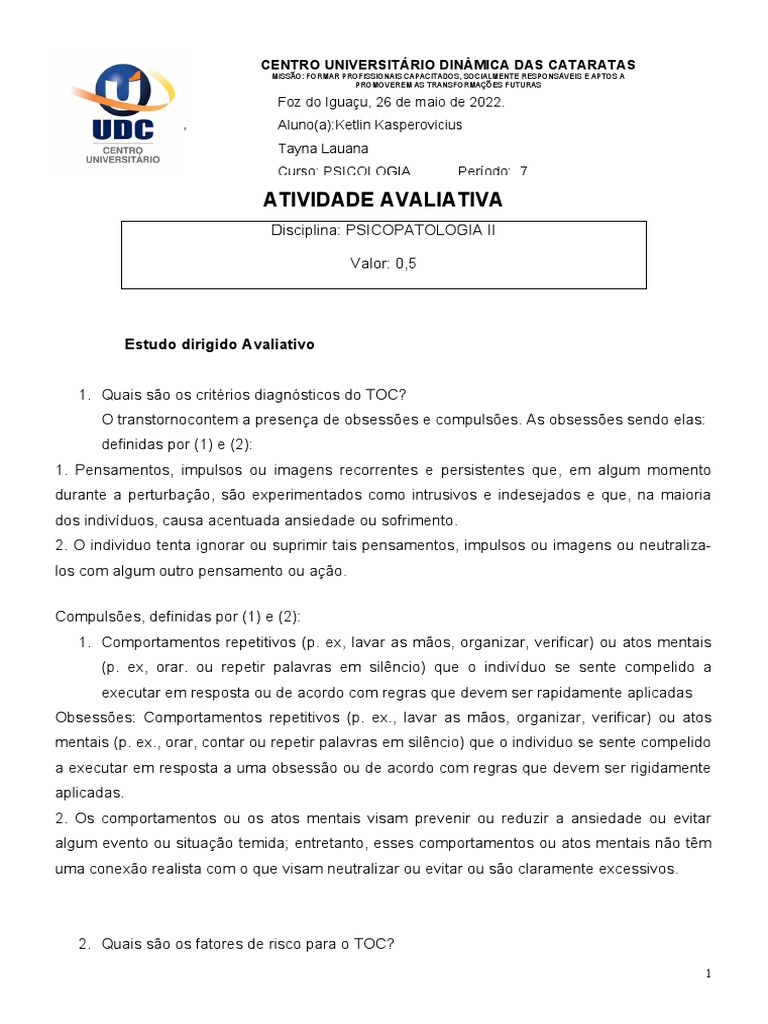 Atividade TOC 2 | PDF | Transtorno obsessivo compulsivo (TOC) | Ciências comportamentais
