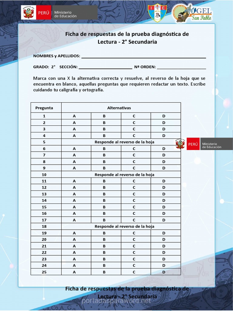 Ficha de respuestas de Lectura 2° secundaria | PDF