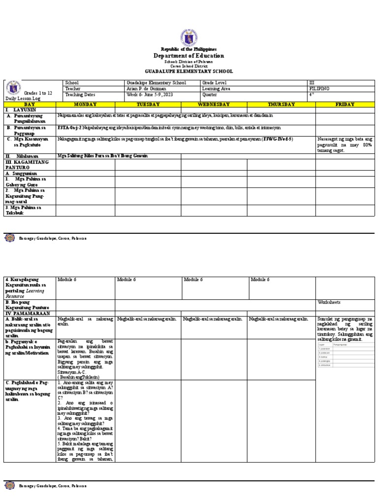 DLL Week 6 Filipino Quarter 4 | PDF
