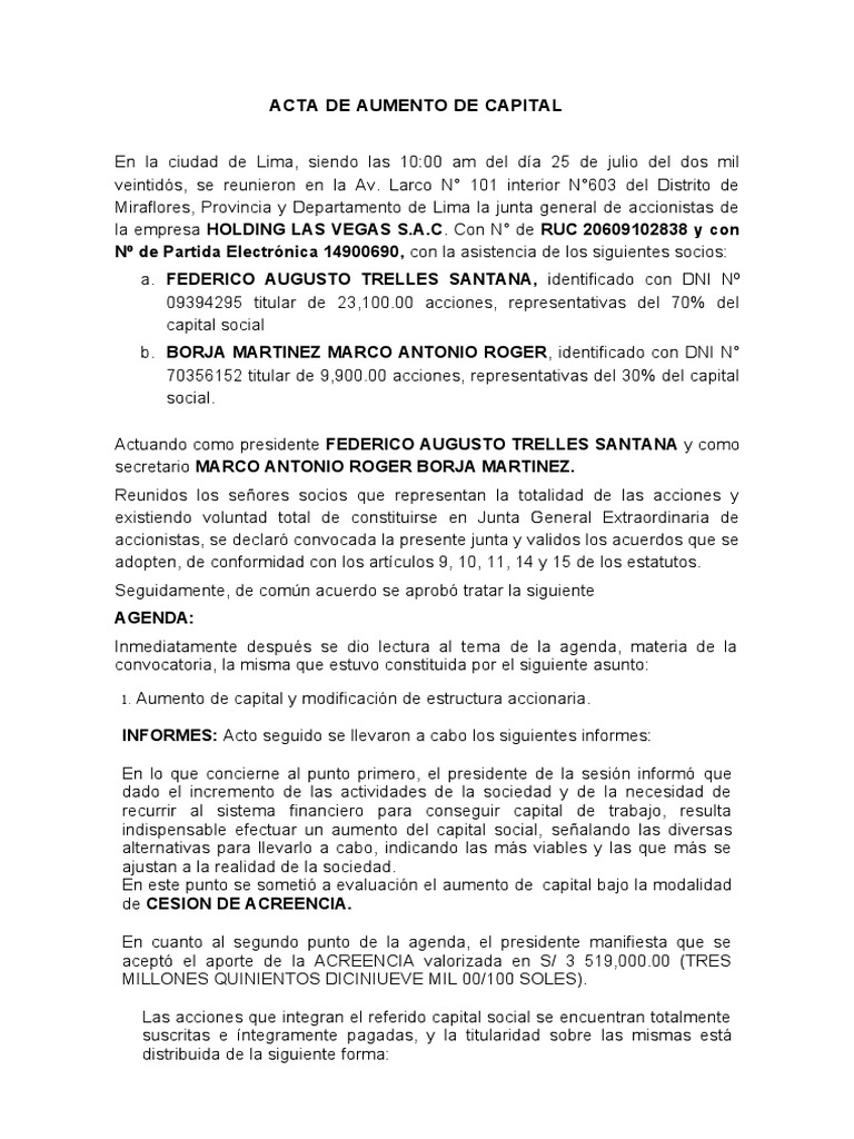 Acta de Aumento de Capital HLV | PDF | Gobierno Acta de Aumento de Capital HLV | PDF | Gobierno