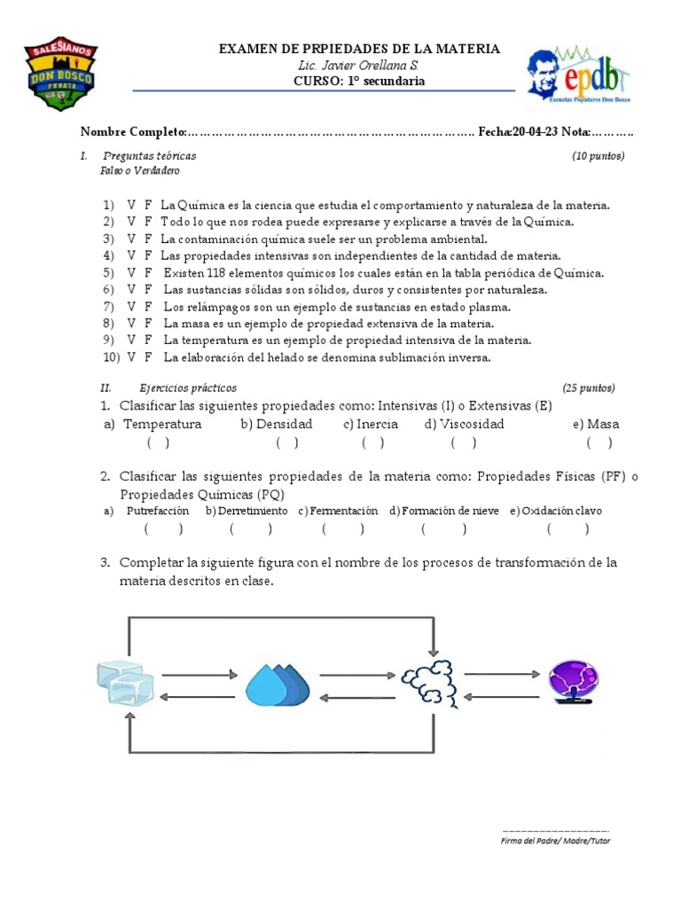 EXAMEN DE QUÍMICA Propiedades de La Materia | PDF