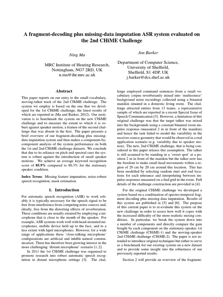 A fragment-decoding plus missing-data imputation ASR system evaluated on the 2nd CHiME Challenge ...