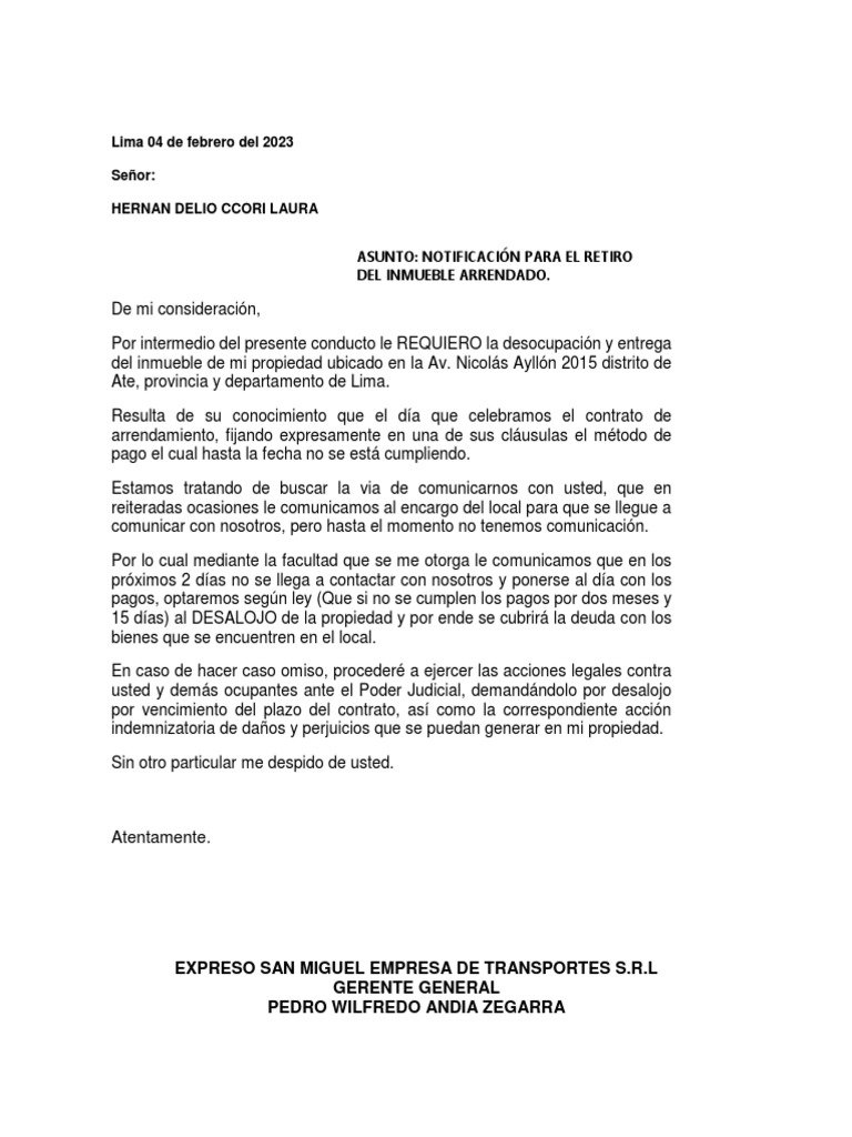 Carta Nº01 Notificación de Desalojo | PDF Carta Nº01 Notificación de Desalojo | PDF