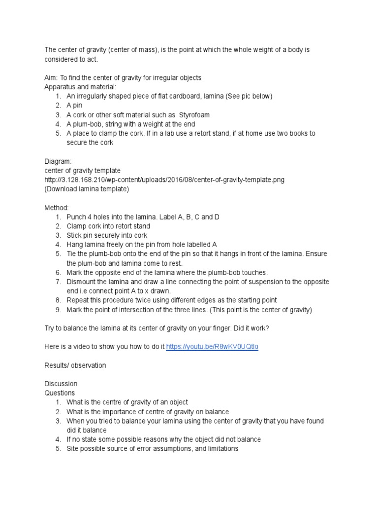 Center of Gravity Lab | PDF