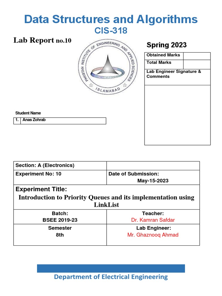 DSA Lab Report 10 Anas Zohrab | PDF | Queue (Abstract Data Type) | Data Management