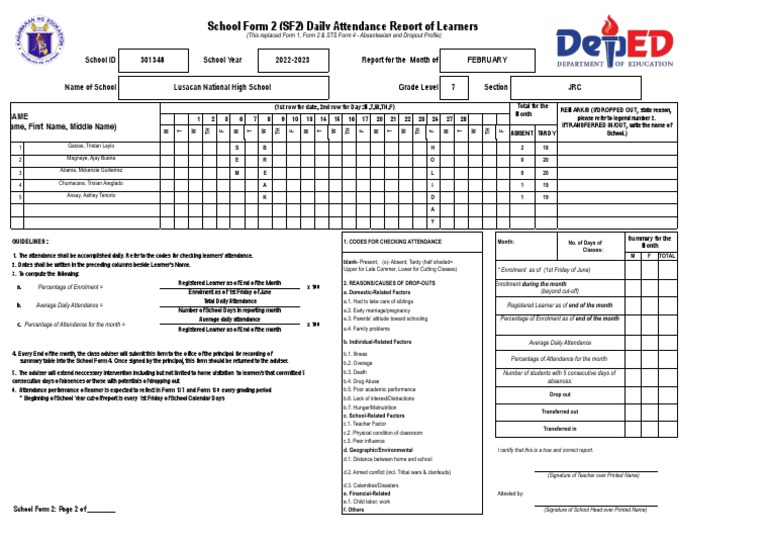 Sf2 Ojt 9 School Form 2 Sf2 | PDF | Family | Human Development