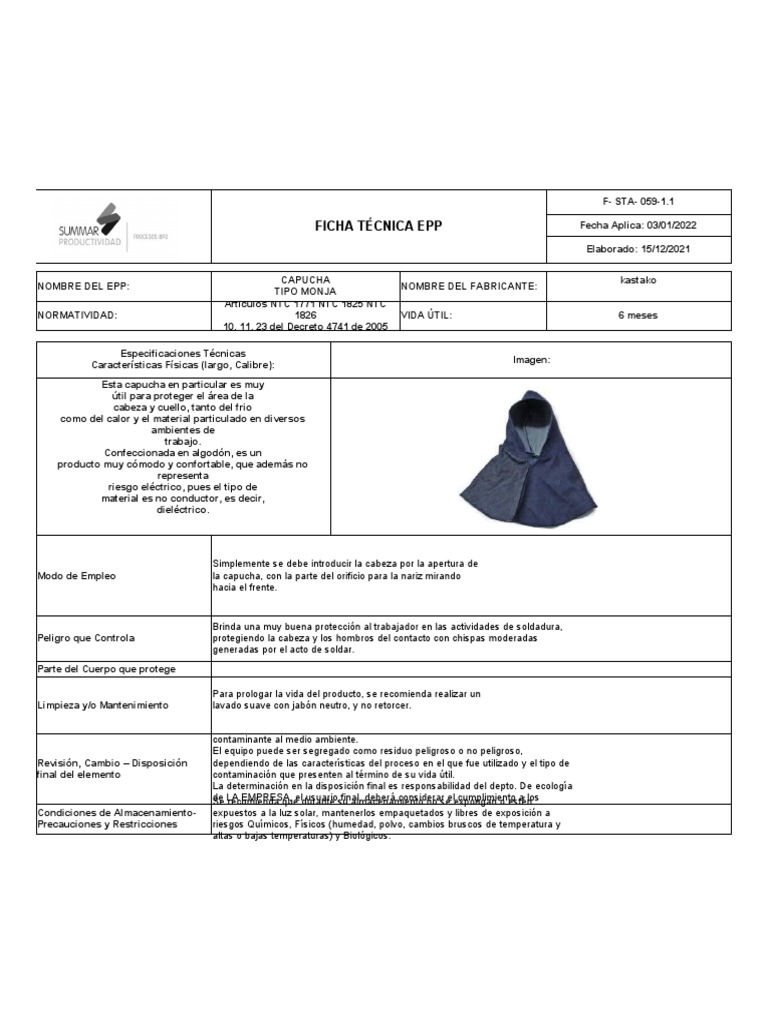 Capucha Monja para Soldador: Ficha Técnica | PDF | Soldadura | Construcción