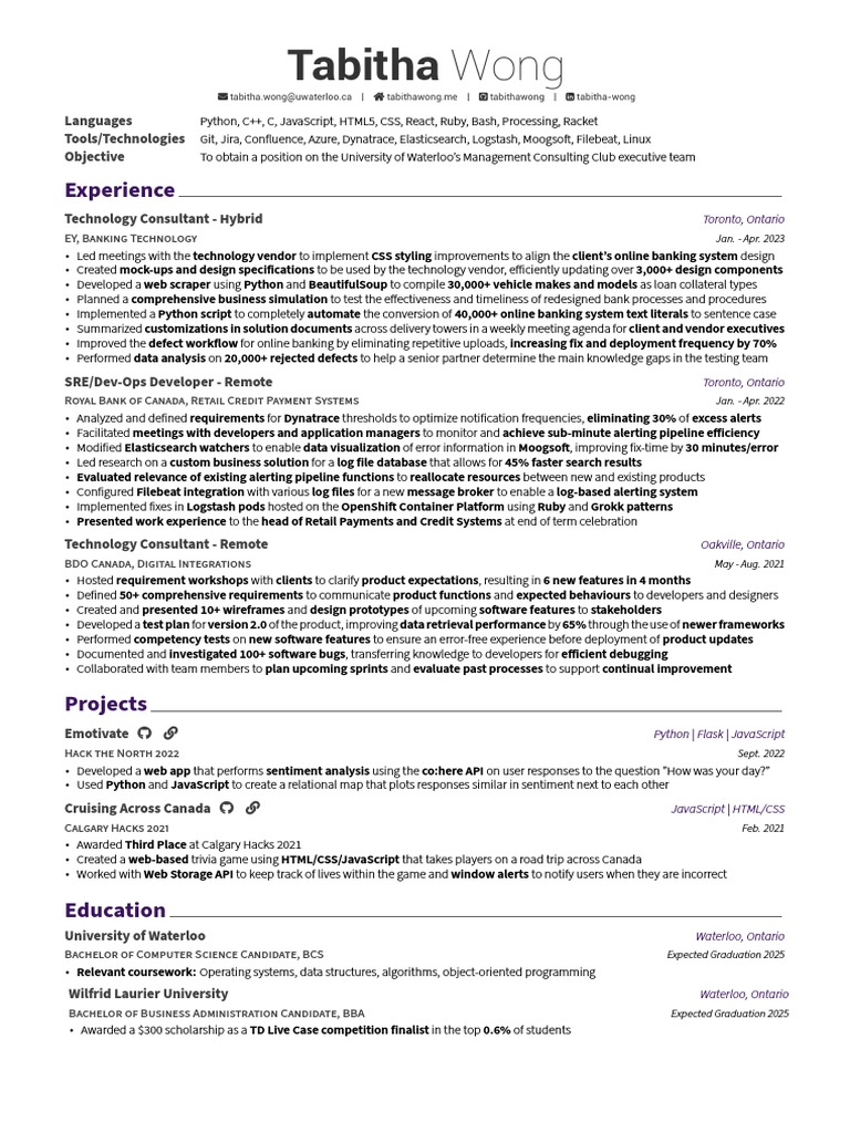 Tabitha Wong's Tech Consulting Resume | PDF | Computers