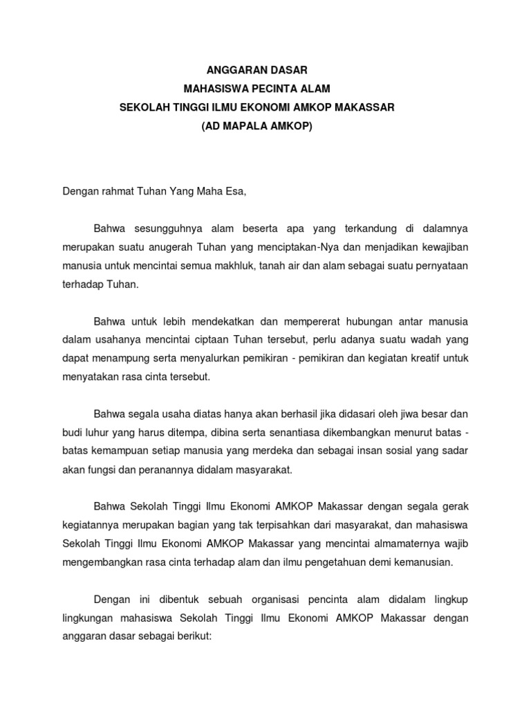 AD/ART Mahasiswa Pecinta Alam AMKOP | PDF