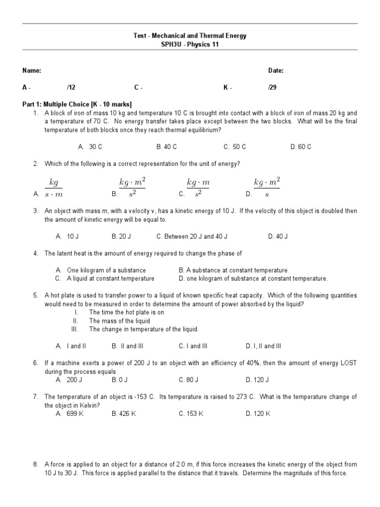 Test - Energy Version A | PDF | Temperature | Heat