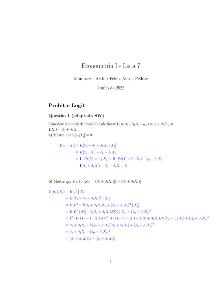Econometria I - Lista 7: Probit e Logit | PDF