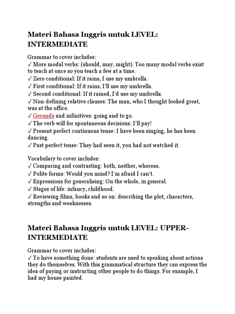 Materi Intermediate Level | PDF | Verb | Grammatical Tense