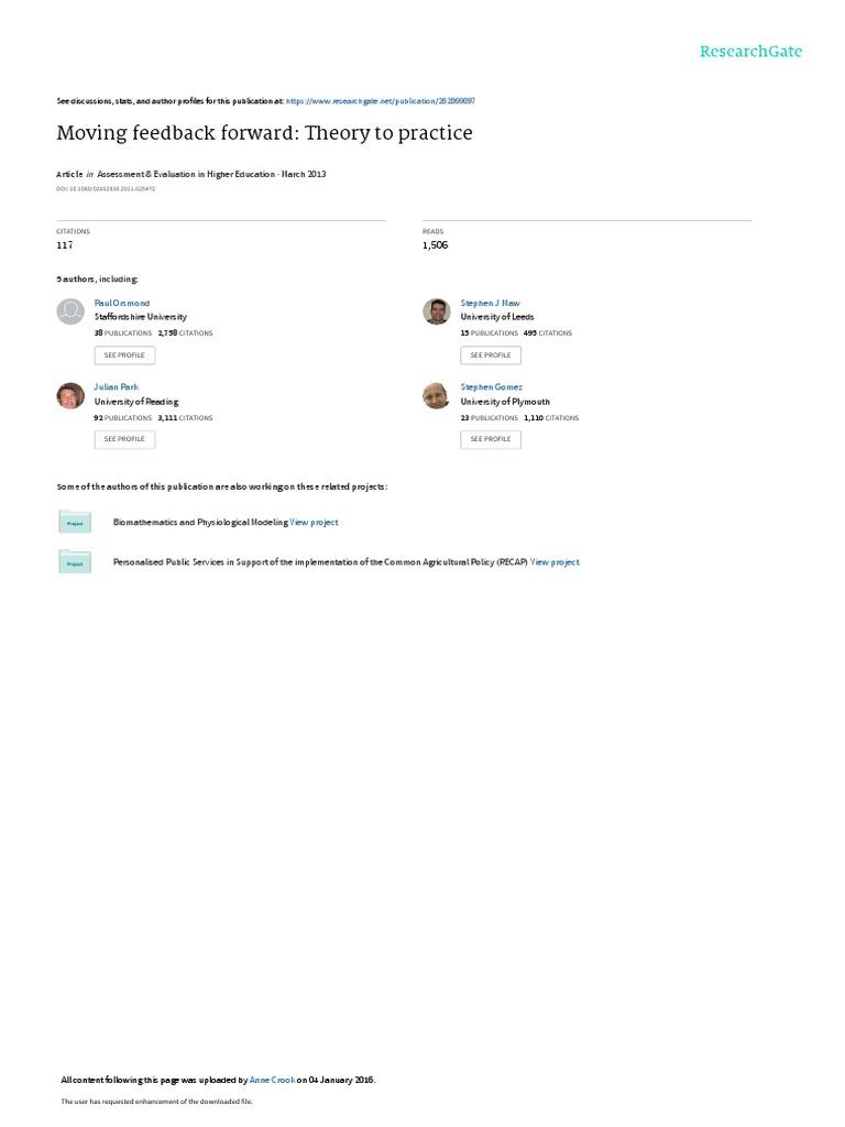 Moving Feedback Forward Theoryto Practice Paper FINALPUBLISHED | PDF | Learning | Psychological ...
