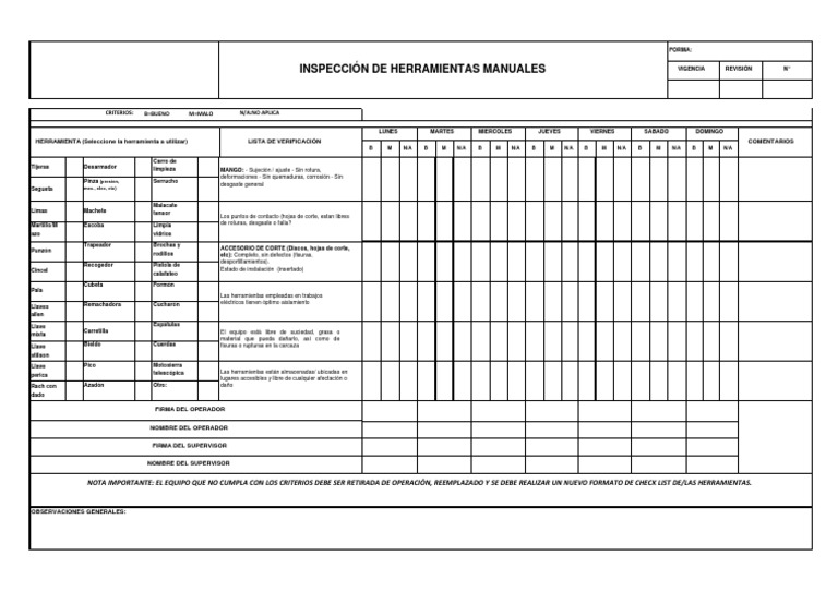 Check List Herramienta Manual | PDF | Equipo | Bienes manufacturados