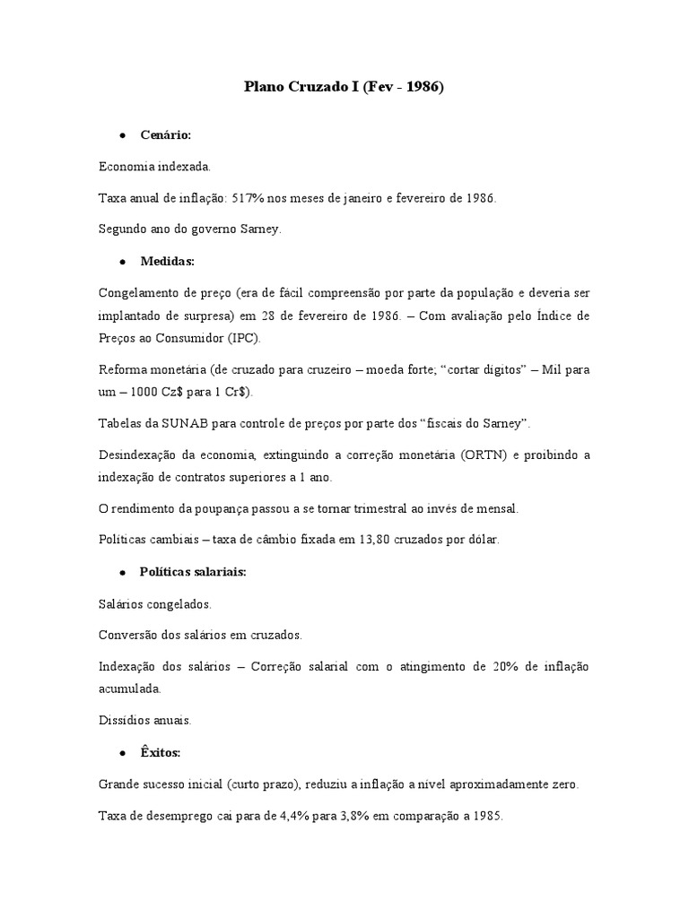 Análise do Plano Cruzado I e II | PDF | Inflação | Economia