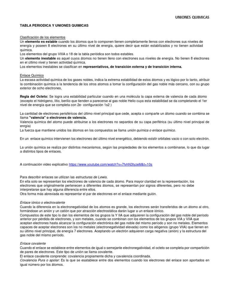 Tabla Periodica y Uniones Quimicas | PDF | Enlace covalente | Enlace químico