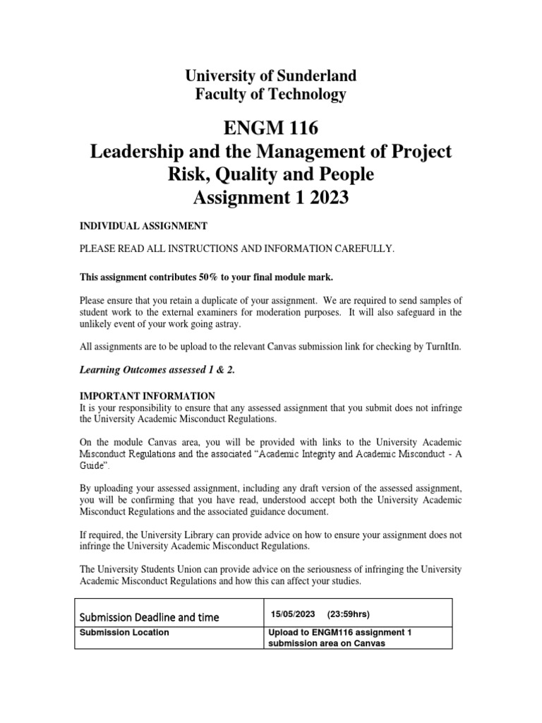 ENGM 116 Assignment 1 of 2 - On-Campus - 2023 | PDF