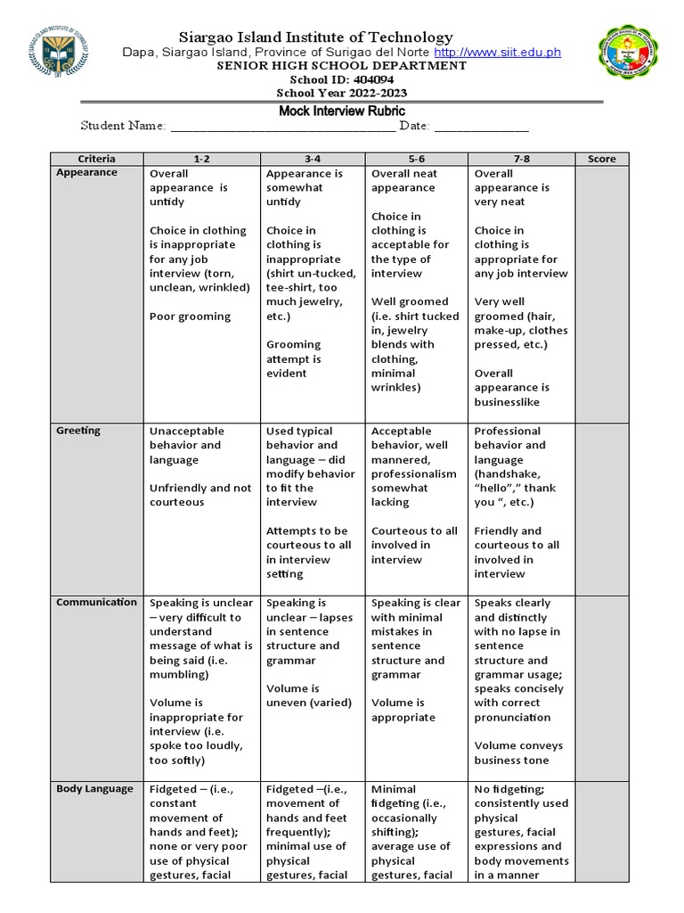 Student Mock Interview Rubric | PDF | Body Language | Cognition