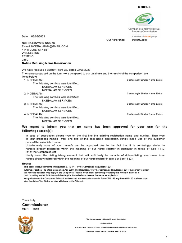 Notice Refusing Name Reservation: Commissioner | PDF | Government | Justice