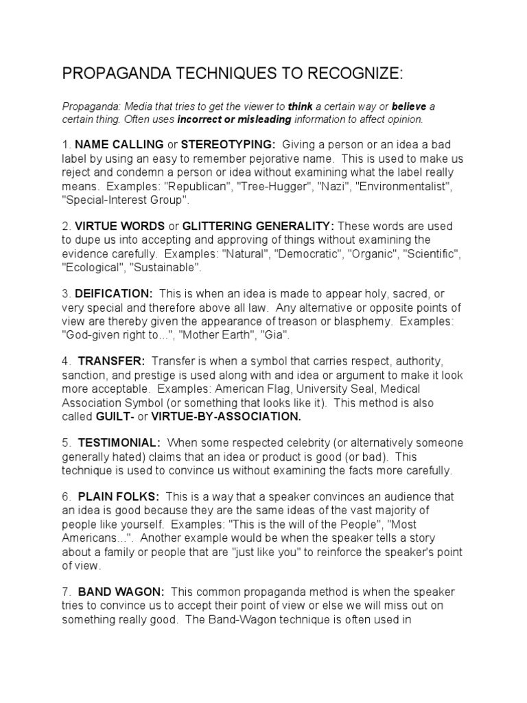 Propaganda Technique Handout | PDF