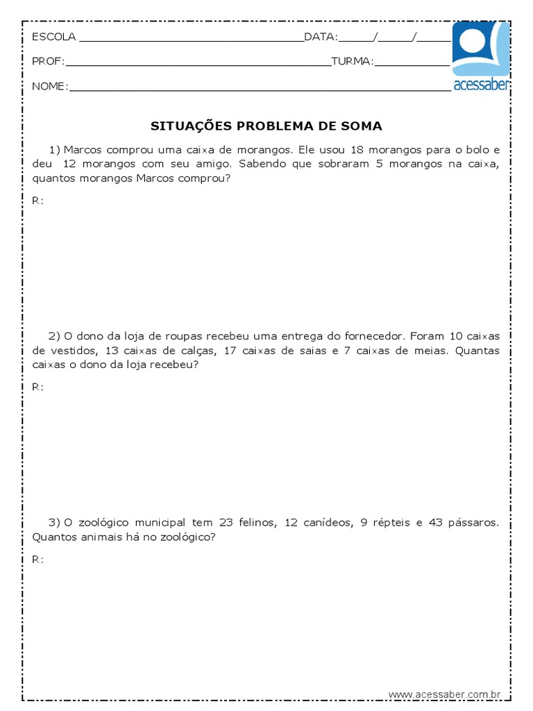 Atividade De Matematica Situacoes Problema De Adicao 4 Ano E 5 Ano 1 PDF