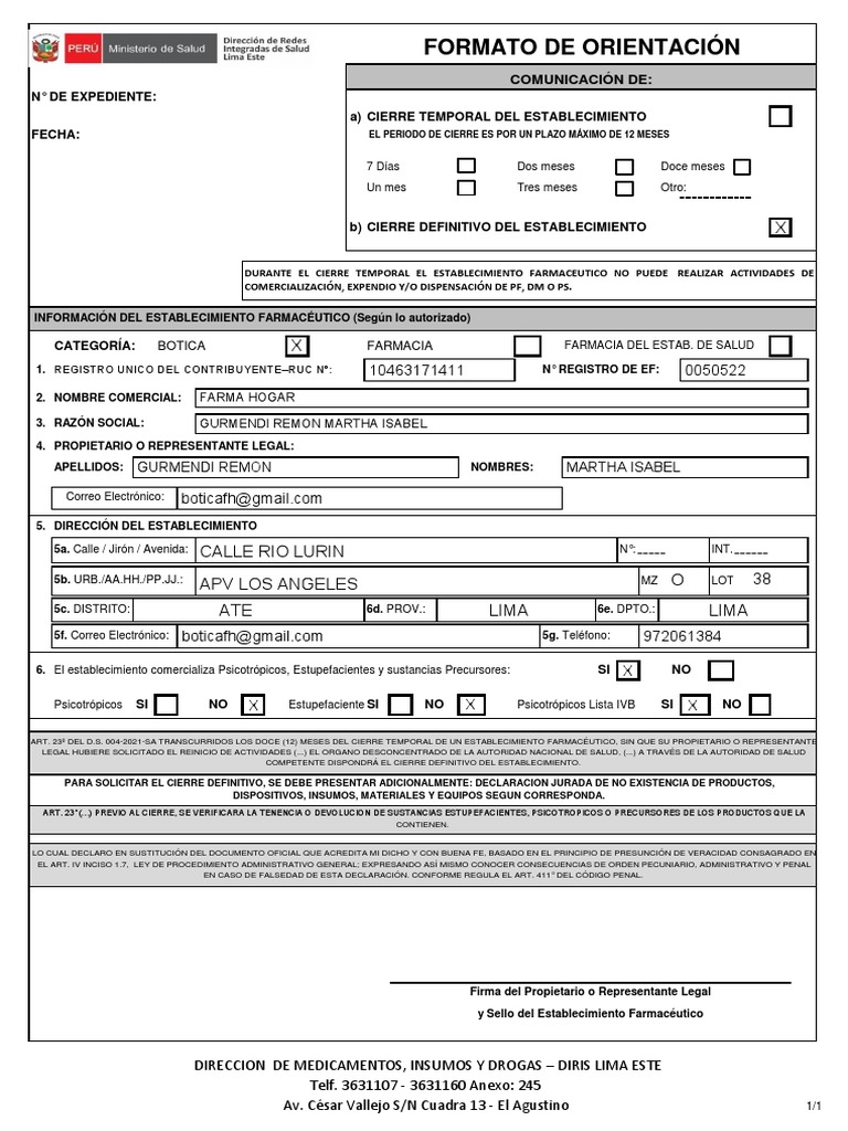 Comunicacion de Cierre Definitivo Botica Farma Hogar | PDF | Farmacia | Programas sociales