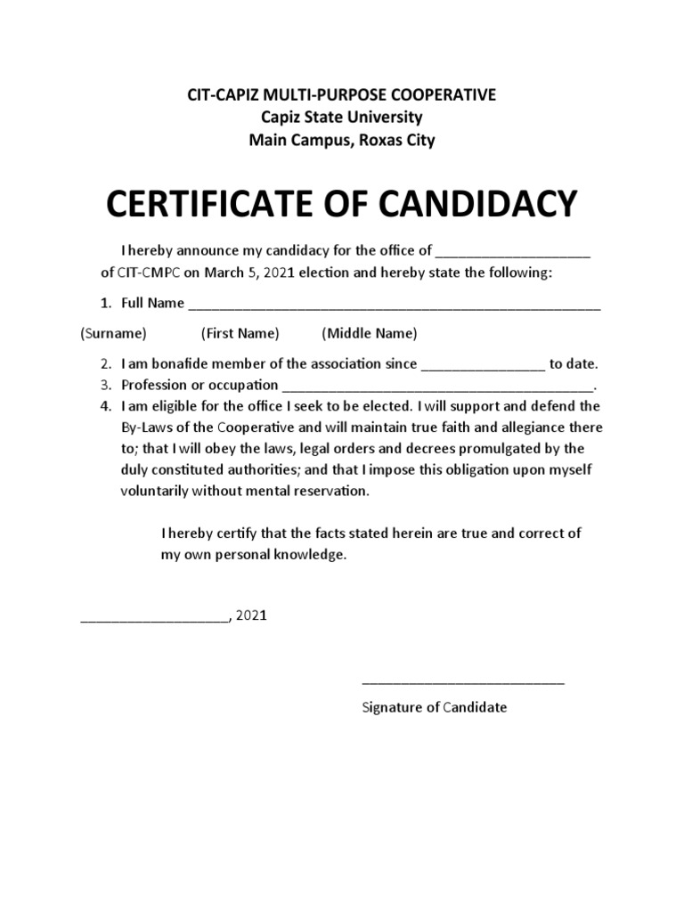 Certificate of Candidacy for Coop Election | PDF | Law