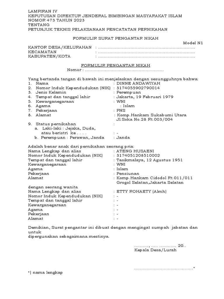 N1 Formulir pengantar nikah | PDF