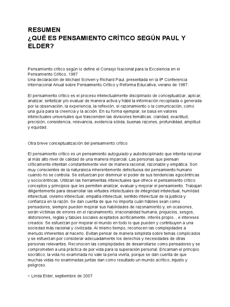 Resumen ¿Qué Es Pensamiento Crítico Según Paul y Elder | PDF ...