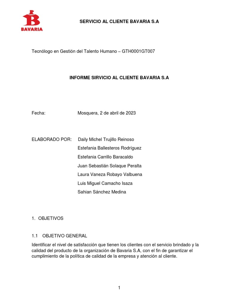 Informe Servicio Al Cliente BAVARIA S | PDF | Servicio al Cliente | Cliente