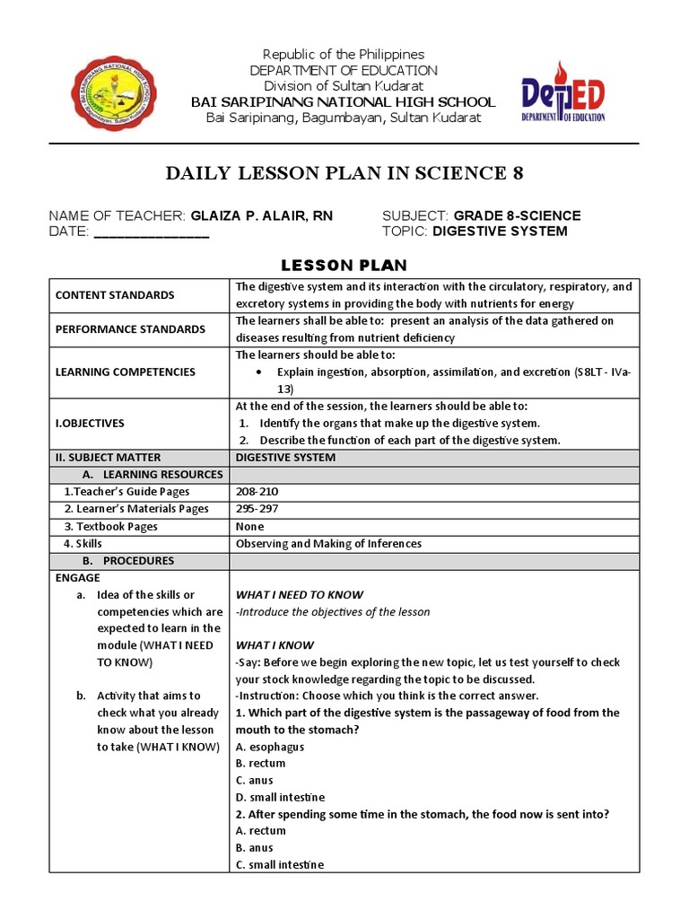 Lesson Plan Digestive System | PDF | Digestion | Stomach