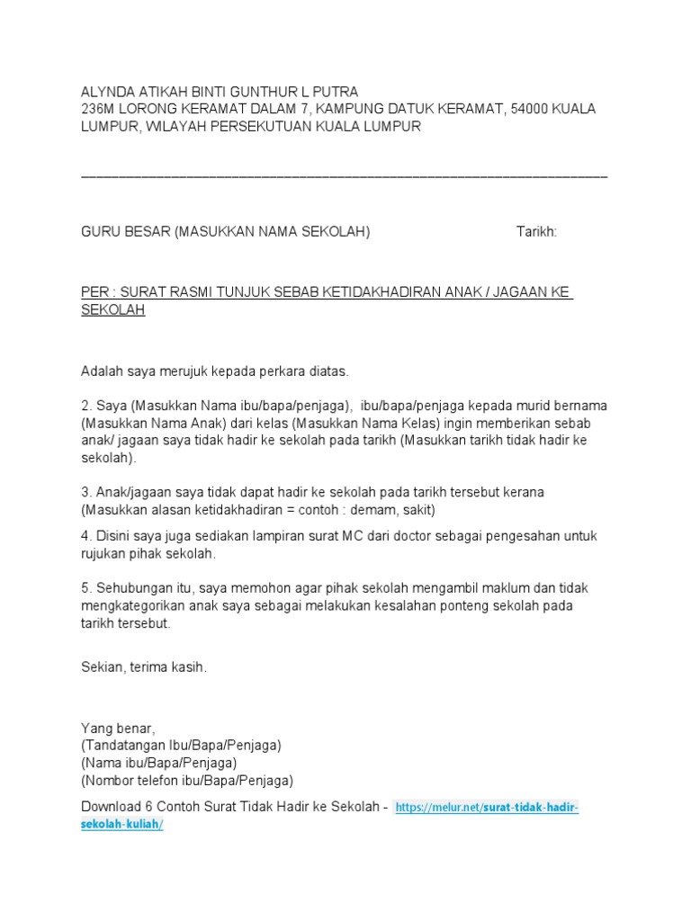 Contoh Surat Cuti Sakit Demam Sekolah | PDF
