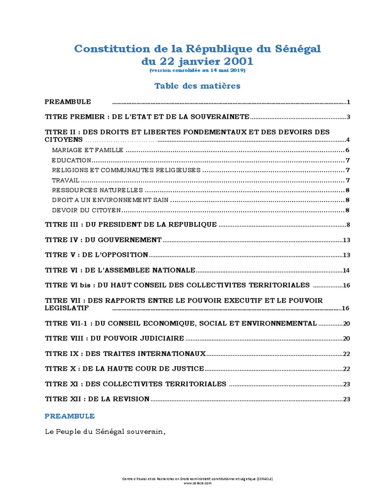 Constitution Du Sénégal Du 22 Janvier 2001 Mise Jour | PDF