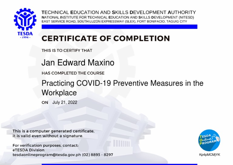 Practicing COVID-19 Preventive Measures in The Workplace - Certificate ...
