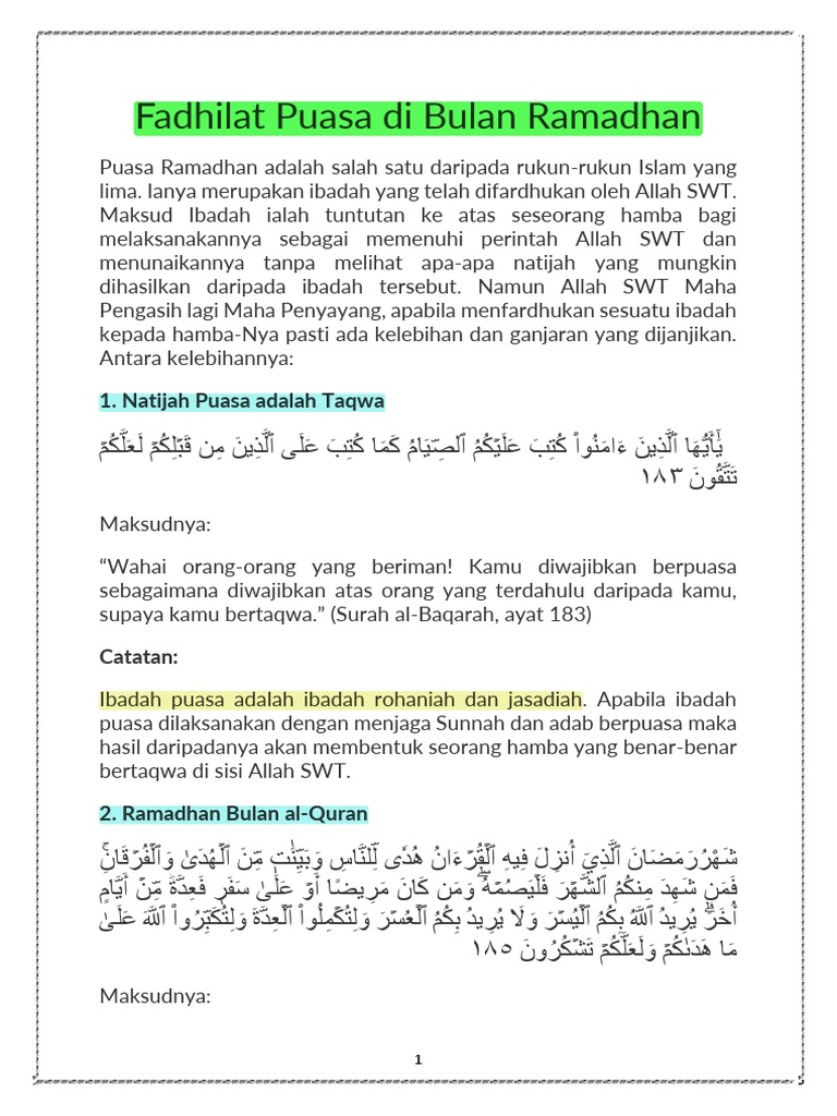 Fadhilat Puasa Ramadhan | PDF